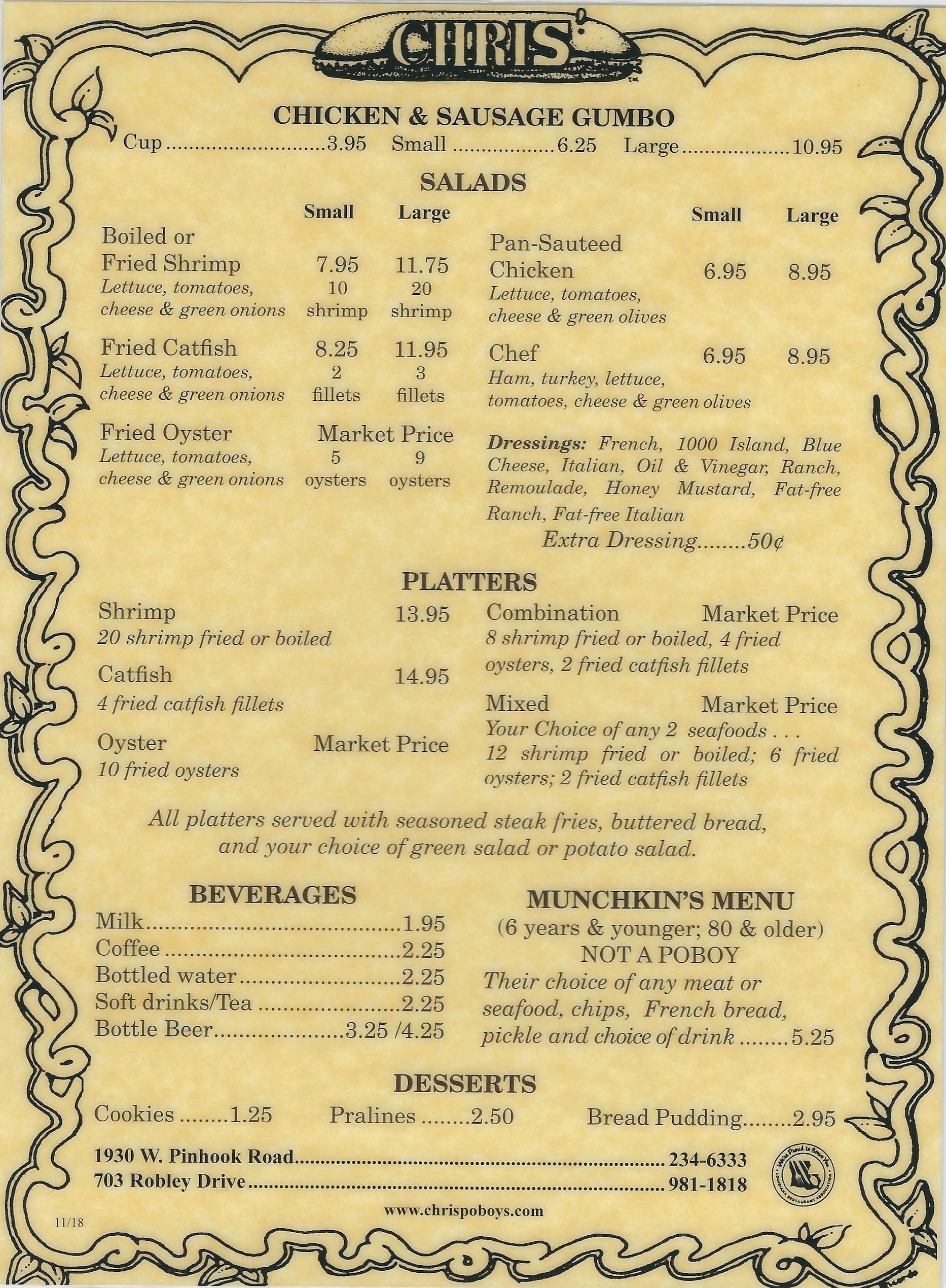 Chris' Poboys | Menu